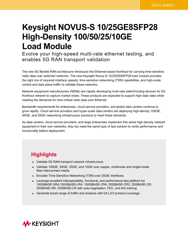 Keysight NOVUS-S 10/25GE8SFP28 High-Density 100/50/25/10GE Load Module PDF Asset Page | Keysight